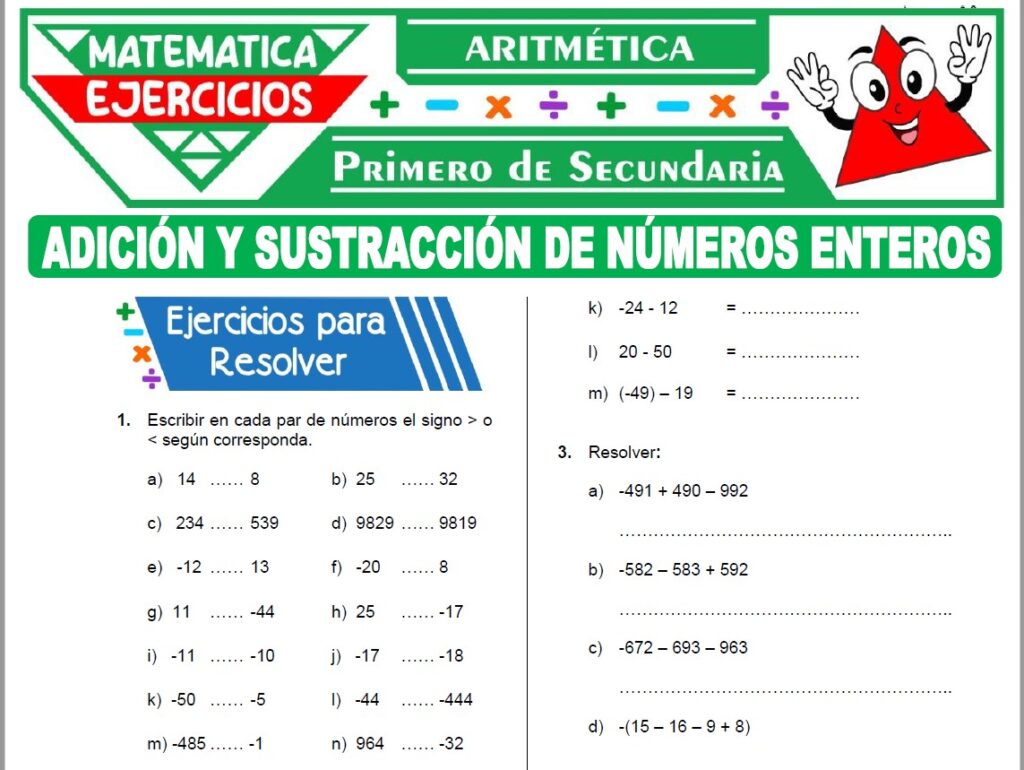 Ejercicios de Adición y Sustracción de Números Enteros para Primero de Secundaria