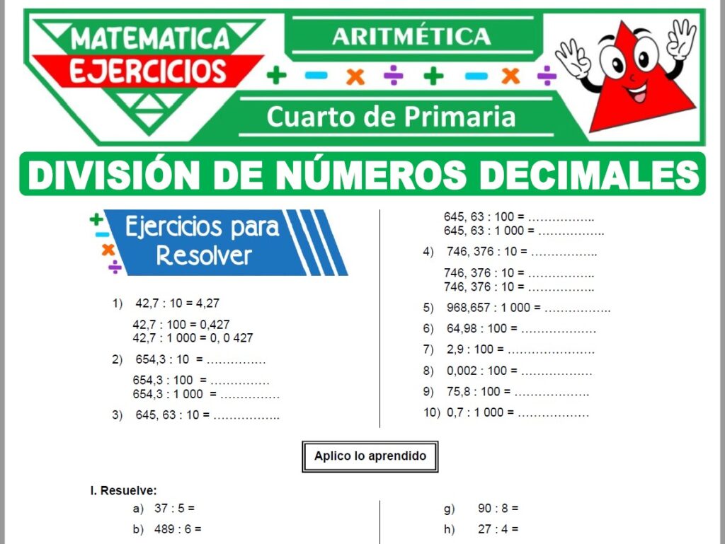 Ejercicios de División de Números Decimales para Cuarto de Primaria
