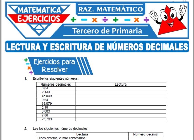 Ejercicios de Lectura y Escritura de Números Decimales para Tercero de ...
